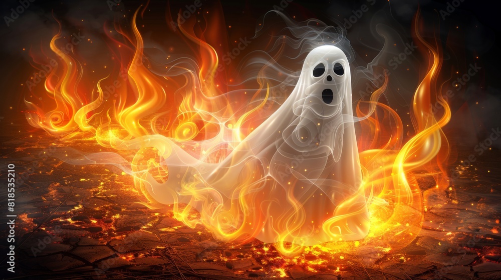 Ghostly Apparition Emerges from Fiery Flames on Dark Background ...