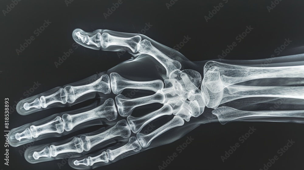 X-ray style close-up of a hand, bones starkly white against a dark ...