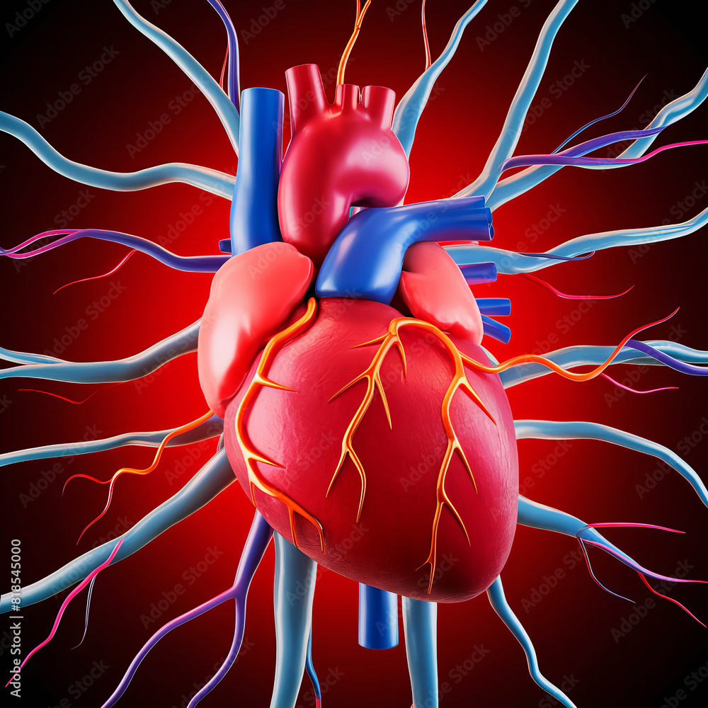 3d rendered illustraiton of human heart with viens pumps blood red ...