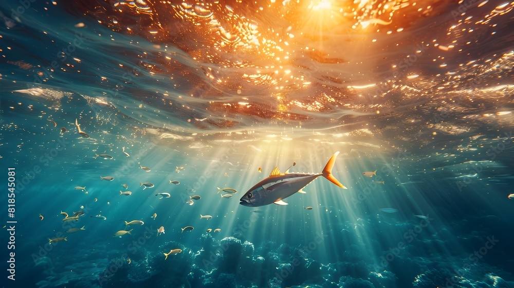 Yellowfin Tuna Fish Swimming Just Below the Sun-Dappled Ocean Surface ...