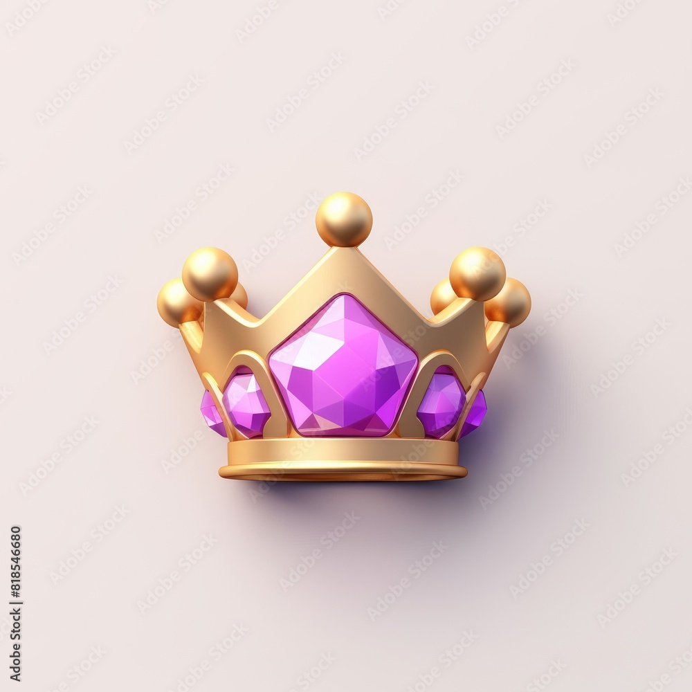 3D image of a royal purple and gold crown on a plain white background. A large purple diamond ...