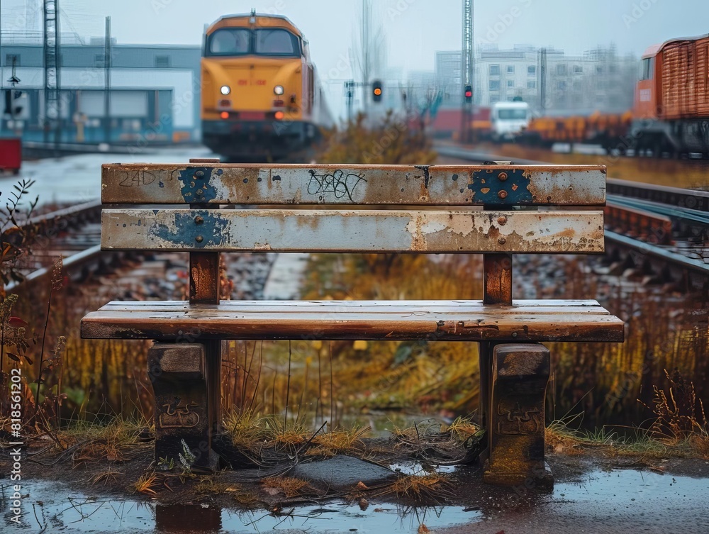 Minimalist bus bench in an industrial area, stark and functional, with ...