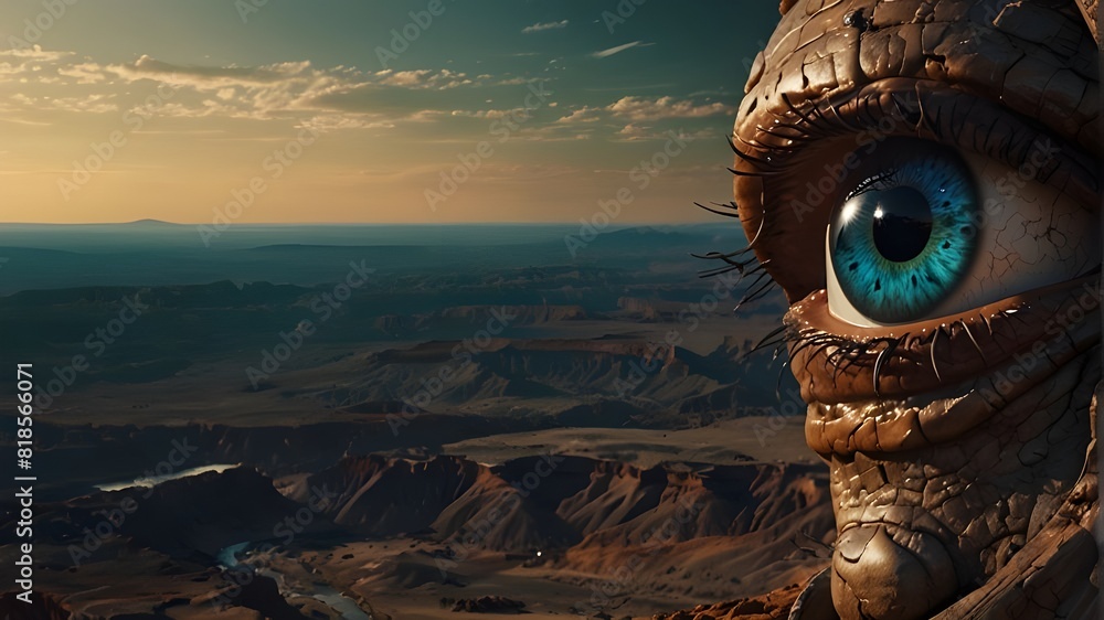 "Imagine a vast, otherworldly landscape with a colossal eye at its ...