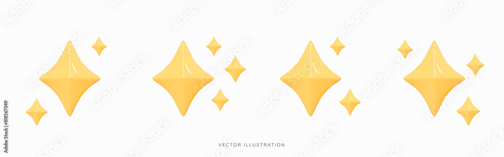 3D Gold star sparkle set emoji. Cute shiny star shaped object. Magic ...
