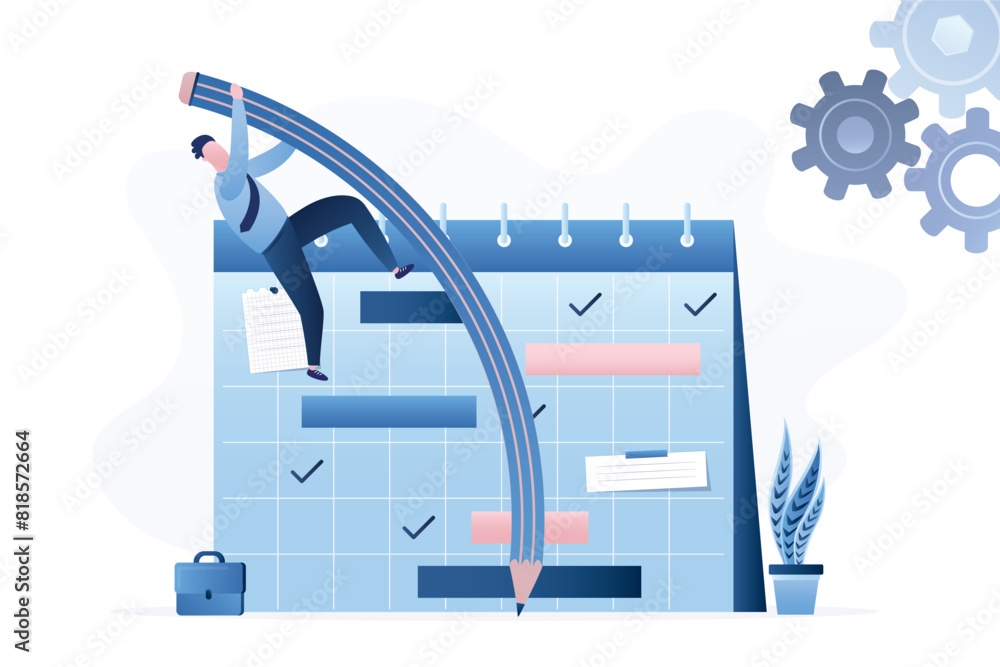 Smart businessman using pencil how pole vault and jumping over calendar ...