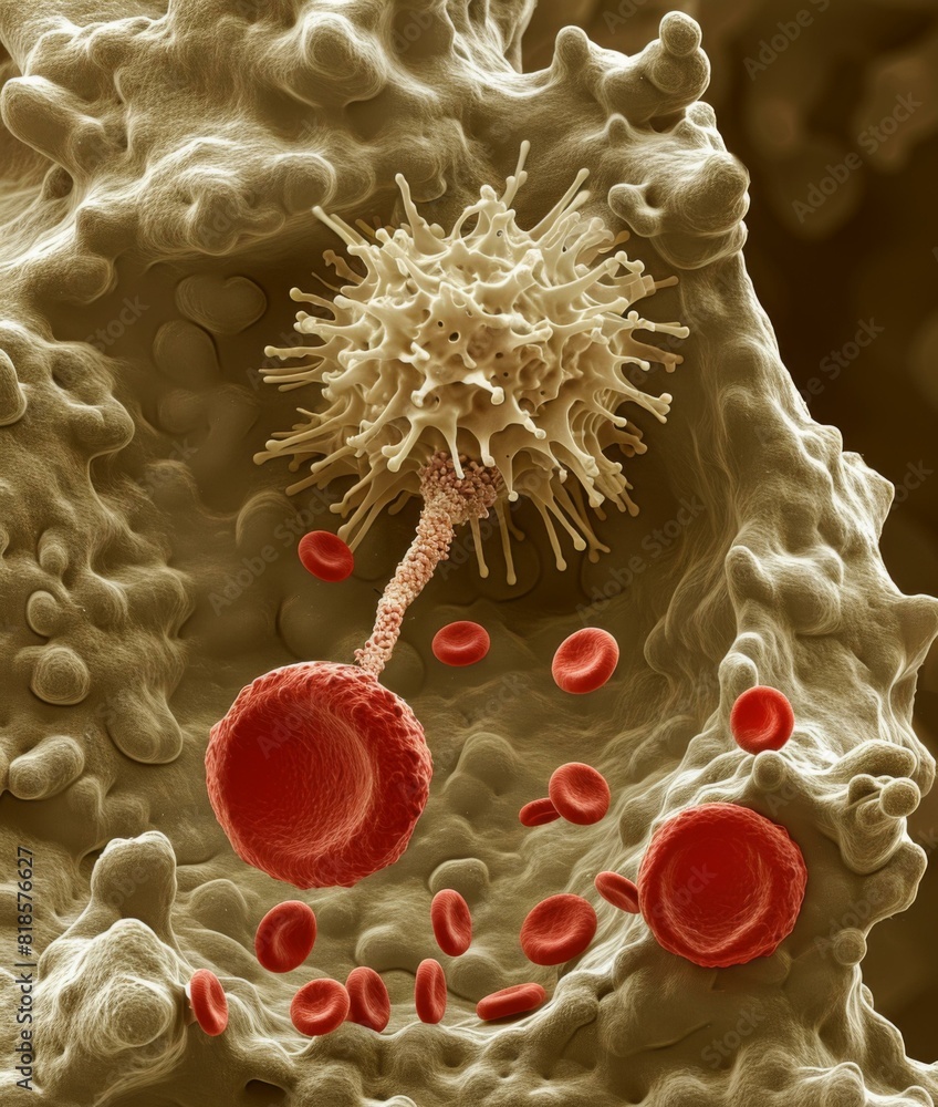 This scanning electron micrograph image shows a white blood cell ...