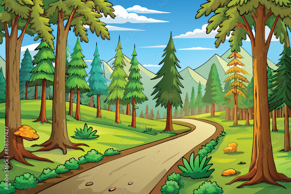 cartoon of forest road background with dirt road vector illustration ...