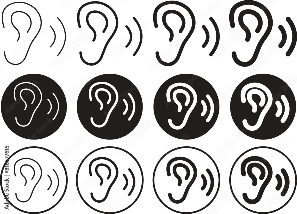 Set of Human ear listening icons in outline styles. Ear vectors icons ...