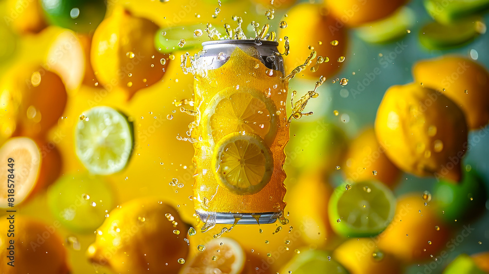 Floating Soft-Drink Can with Lemons and Limes on Vibrant Background ...