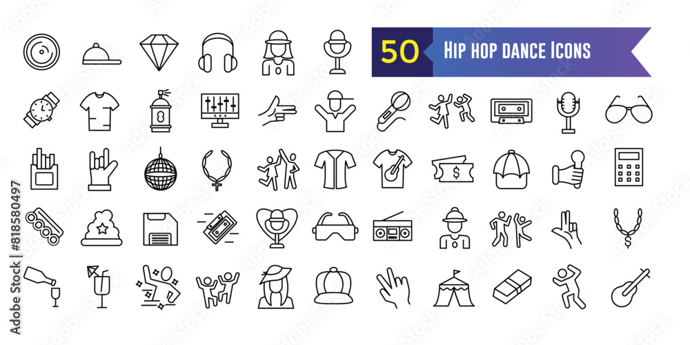Hip hop dance icon set. Outline set of hip hop dance vector icons for ...