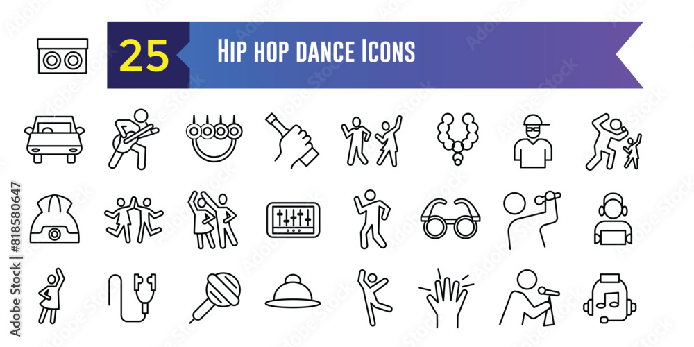 Hip hop dance icon set. Outline set of hip hop dance vector icons for ui design. Outline icon ...