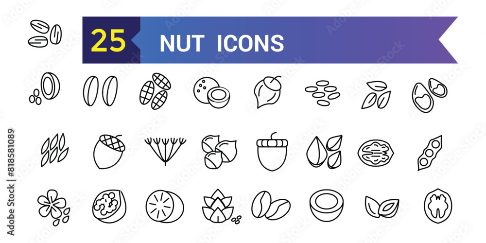 Nut icon set. Outline set of nut vector icons for ui design. Outline ...