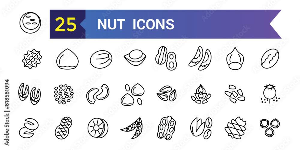 Nut icon set. Outline set of nut vector icons for ui design. Outline ...
