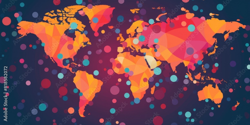 Stylized world map composed of multicolored circles on a white ...