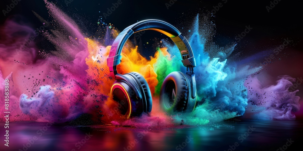 Stereo headphones exploding in festive colorful splash, dust and smoke ...