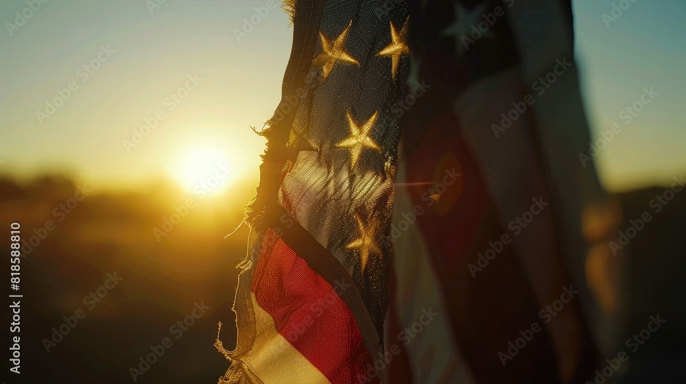 A close-up of a weathered American flag waving proudly, backlit by a ...