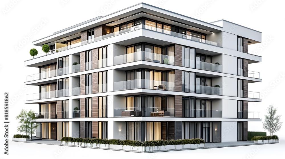 modern apartment building, white background, orthographic view ...