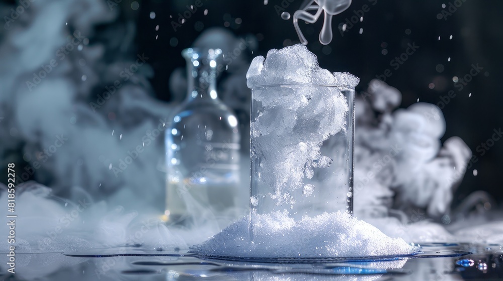 Dry ice reacts with a liquid, producing a dramatic smoky effect. Stock ...