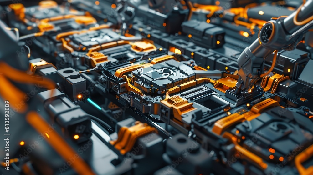 Detailed view of robotic arms assembling electric car battery cells on ...