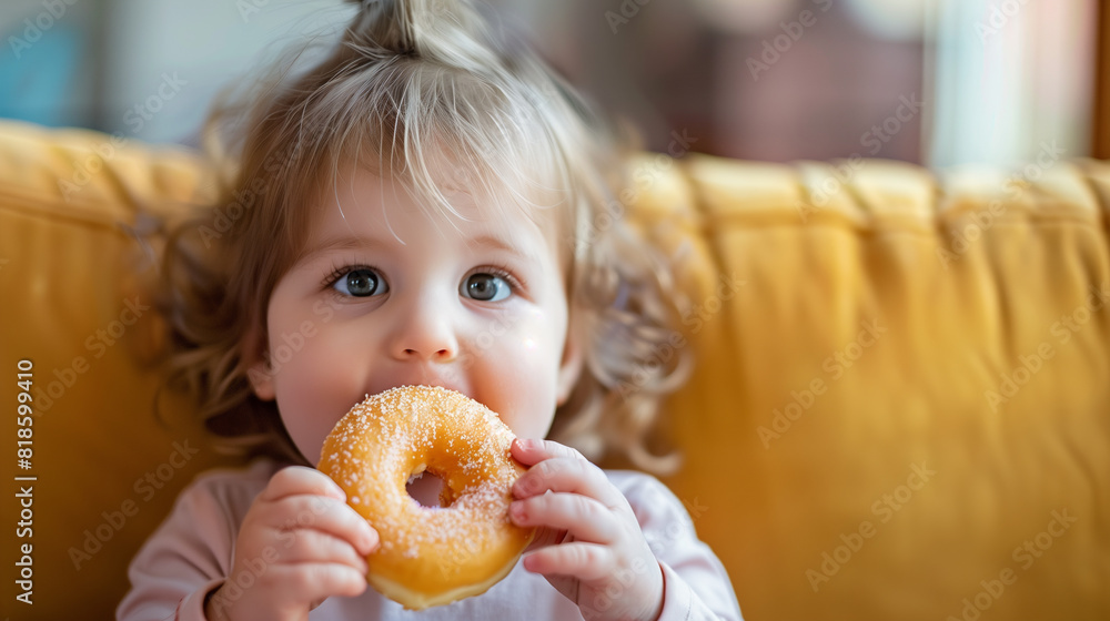 copy space, stockphoto, happy caucasian toddler eating a donut ...