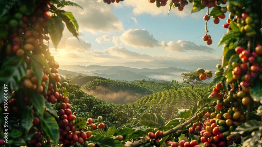 Towering coffee beans creating an arch over a lush landscape ...