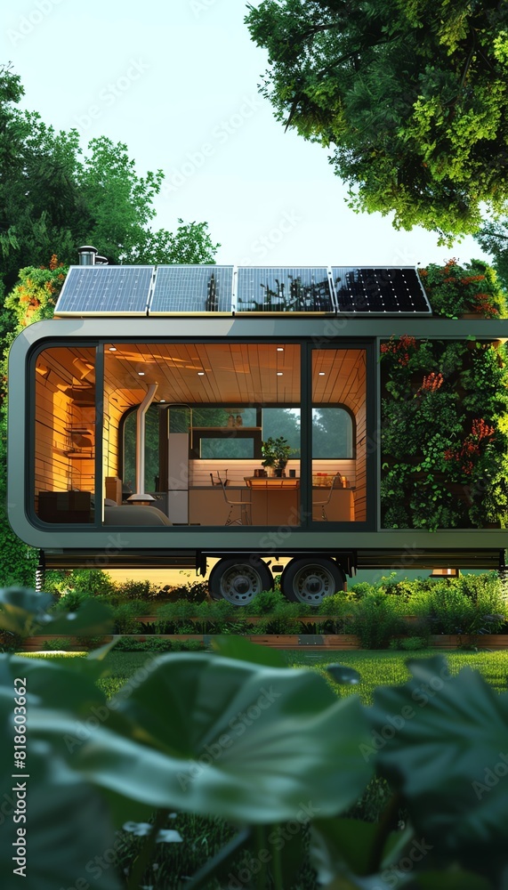 Render a sleek, sustainable tiny house with solar panels and a green ...