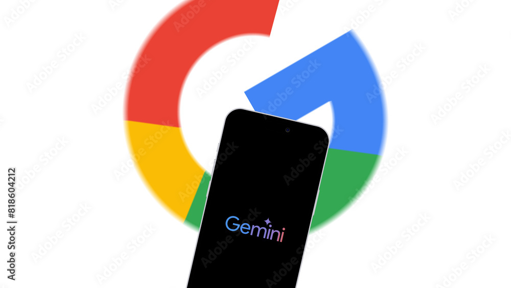 Gemini AI logo is on smartphone screen and Google logo is on background ...