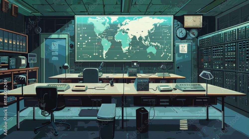 Retrofuturistic command center. 80s aesthetic. Green monitors glow. A ...