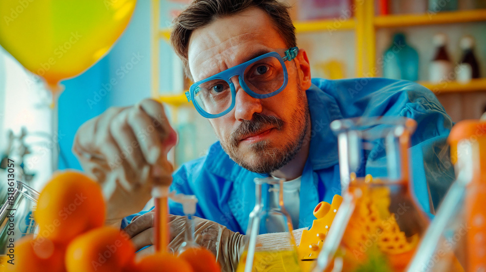 Man scientist in laboratory holding test tubes and beakers. Chemical ...