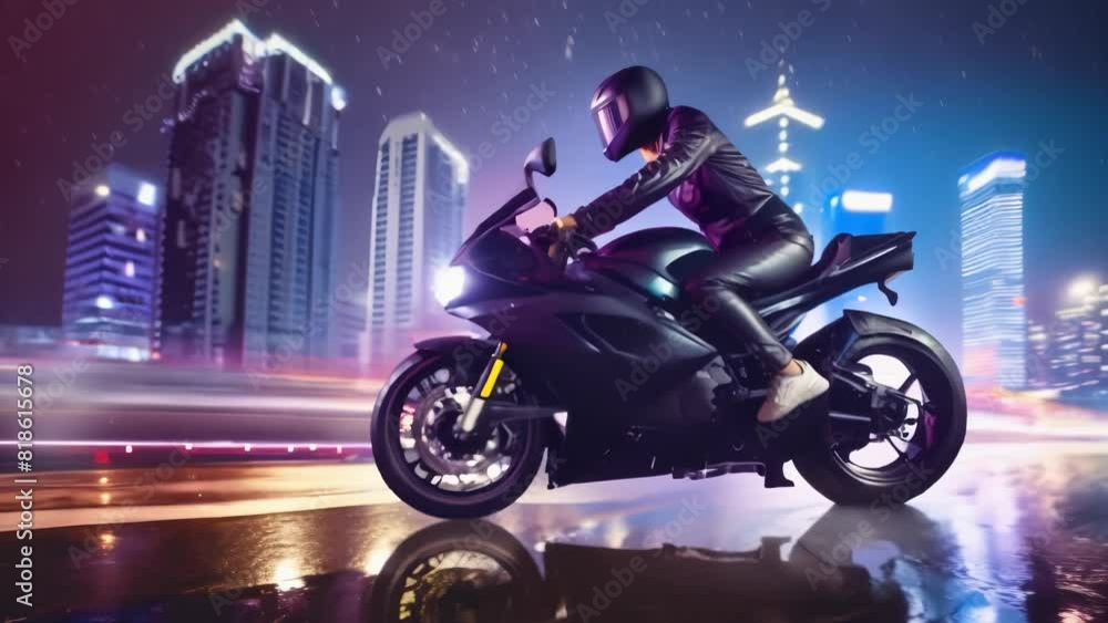 A biker in full gear rides a sleek sport motorcycle through the city ...