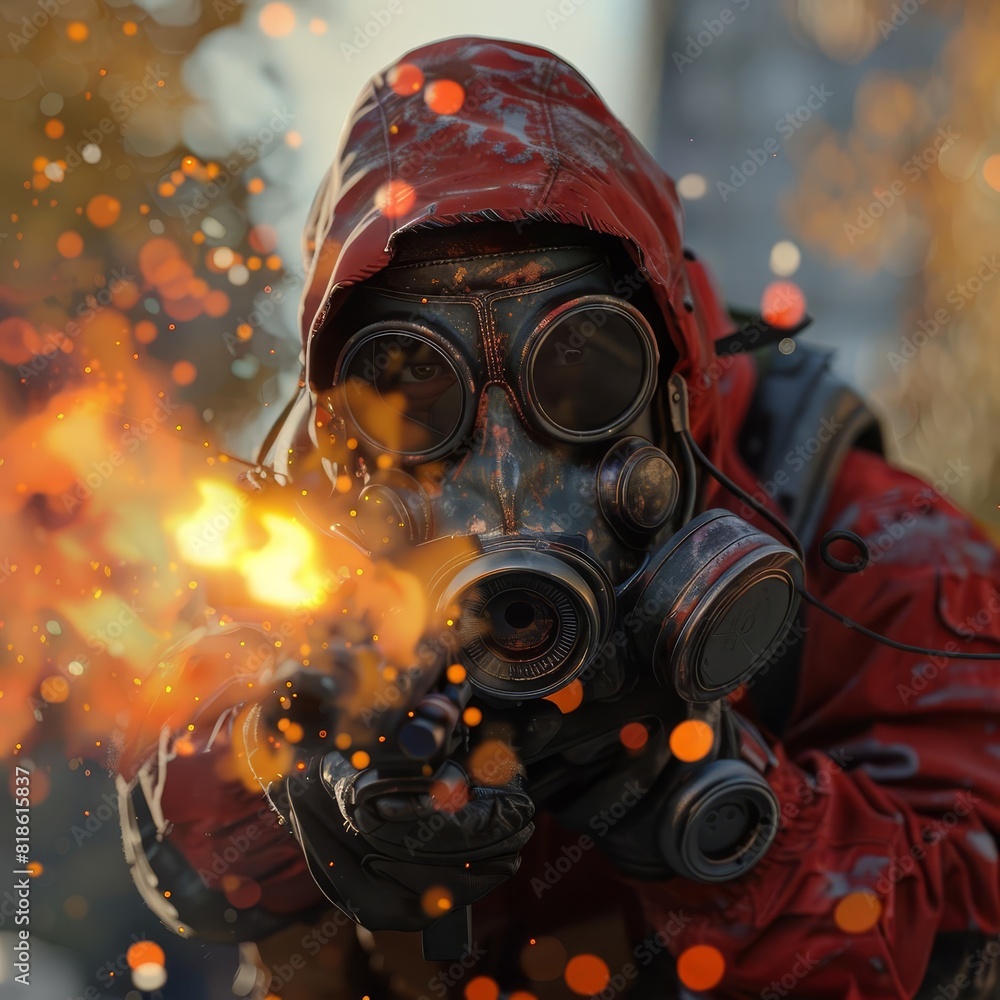 A post-apocalyptic survivor wearing a red leather outfit and a gas mask ...
