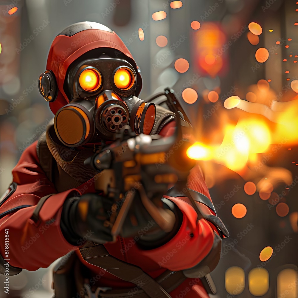 A post-apocalyptic survivor wearing a red leather outfit and a gas mask ...