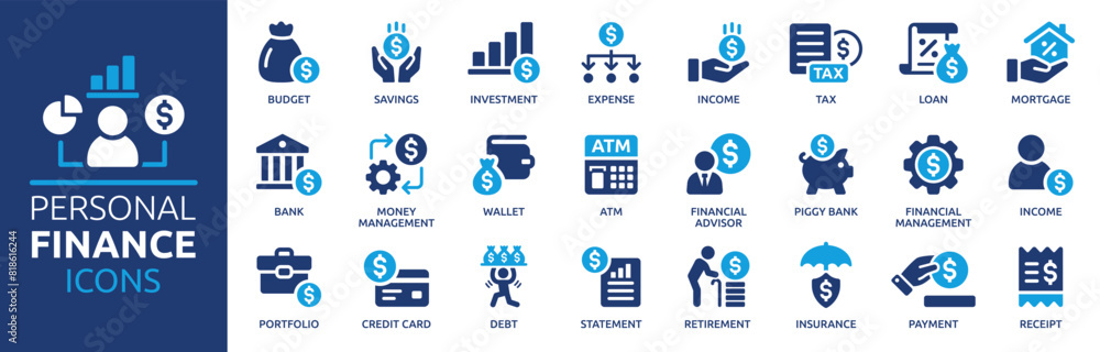 Personal finance icon set. Containing budget, savings, expense, income ...