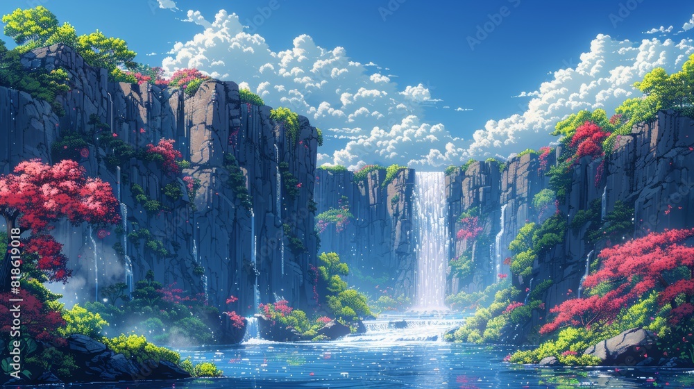 8-bit pixel art. Waterfall between two cliffs, beautiful greenery and ...