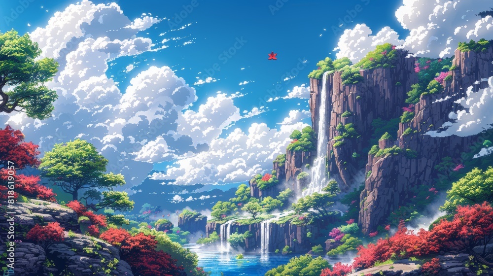 8-bit pixel art. Waterfall between two cliffs, beautiful greenery and ...