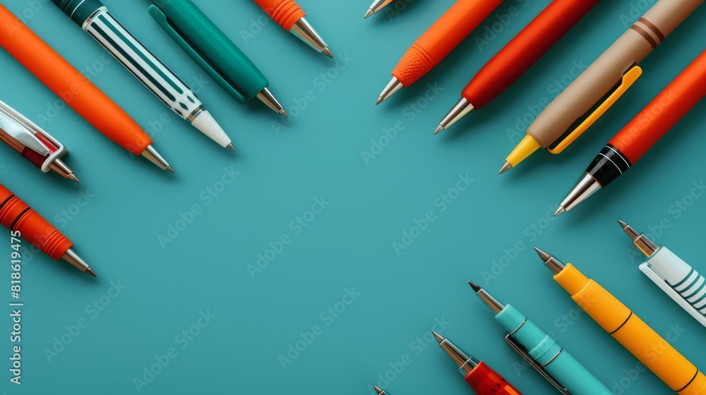 Design an animation of office pens in a flat design top view, featuring ...