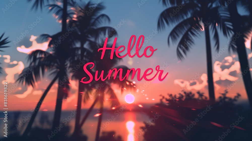 "Hello Summer" elegantly written over a vibrant red sunset with palm ...