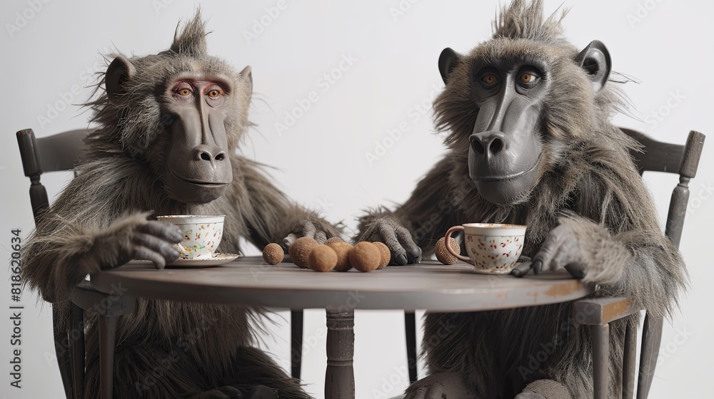 Two stuffed animals sitting around a table with cups of tea or coffee ...