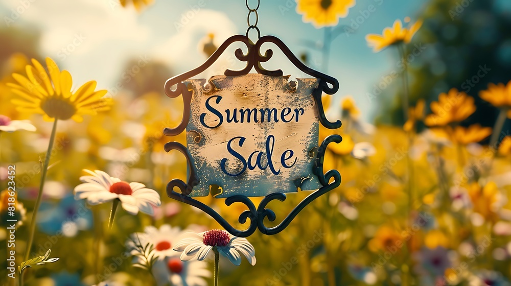 Intricate wrought iron frame with a "Summer Sale" sign in graceful hand ...