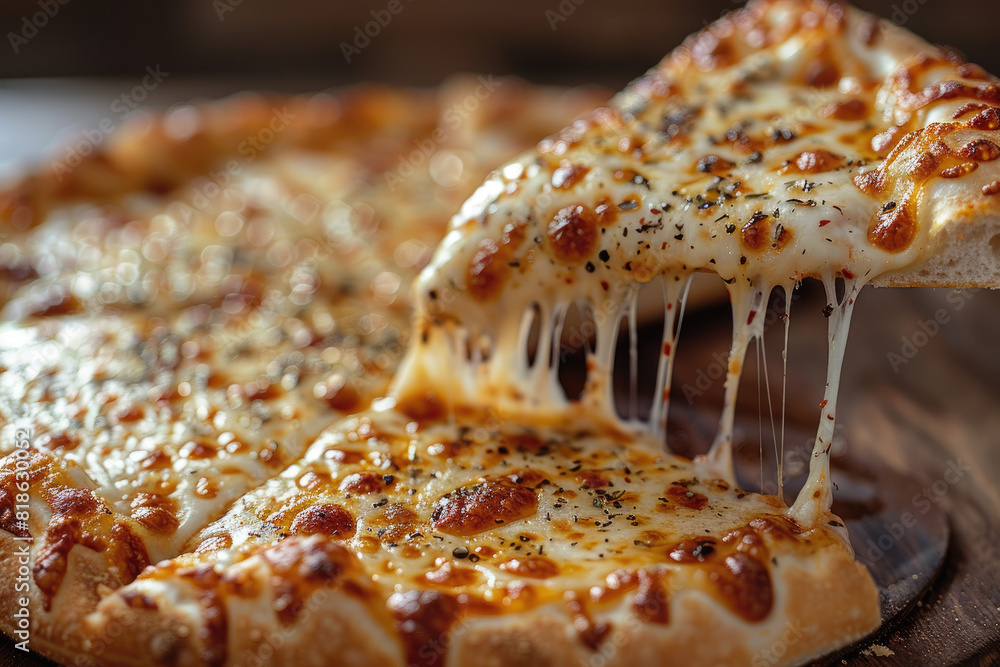 A large pizza with lots of cheese, a big slice being pulled out and ...