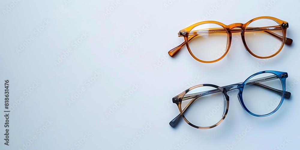 Two sets of plastic and metal glasses on a blank backdrop. A simplistic ...