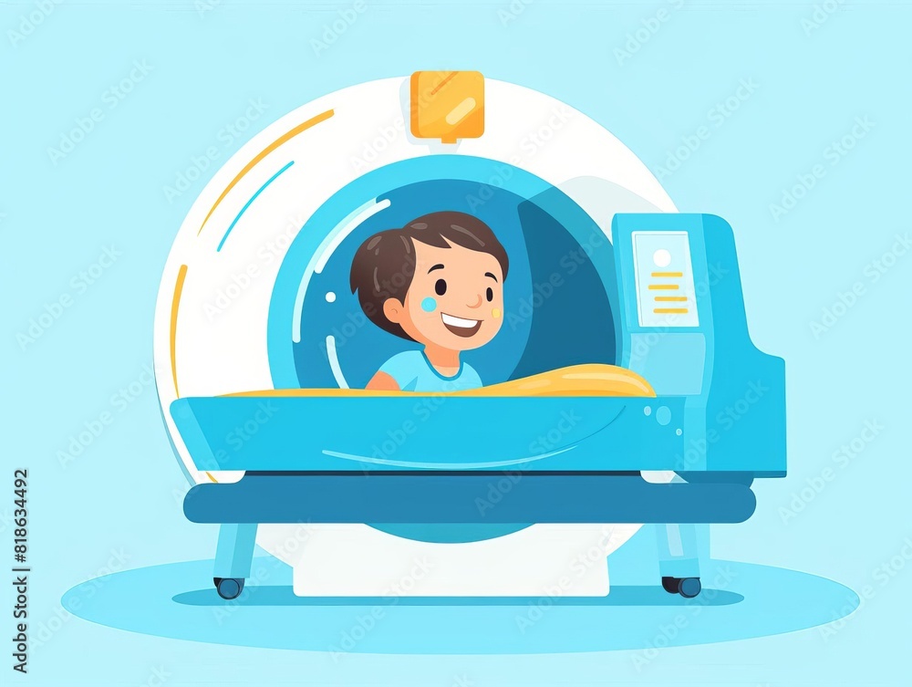 Illustration of a cheerful child in an MRI machine. The image displays ...