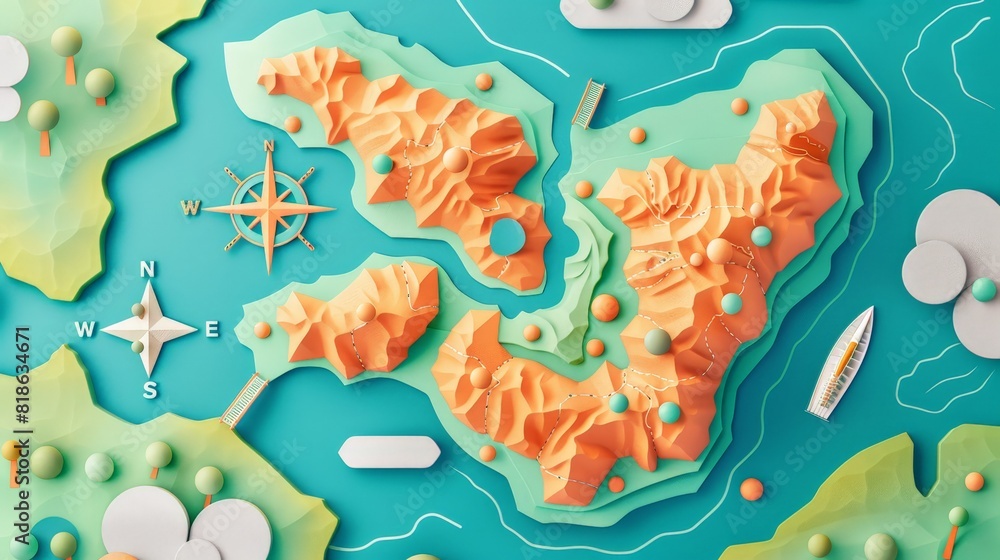 Illustrative 3D map featuring vibrant islands, a compass rose, and a ...
