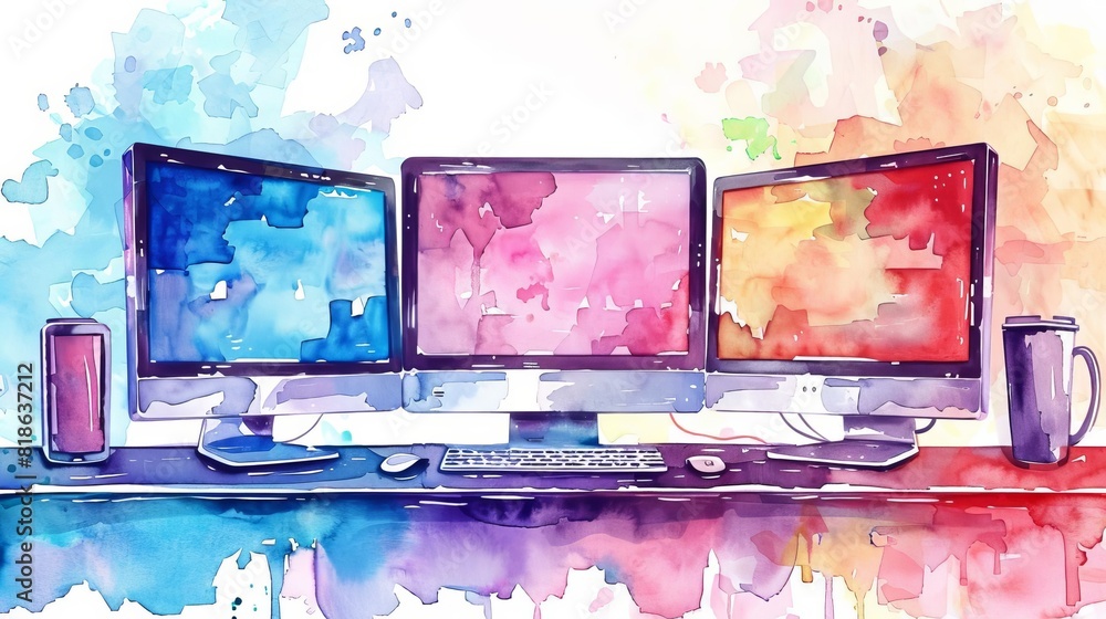 Create a watercolor representation of desktop computers in flat design ...