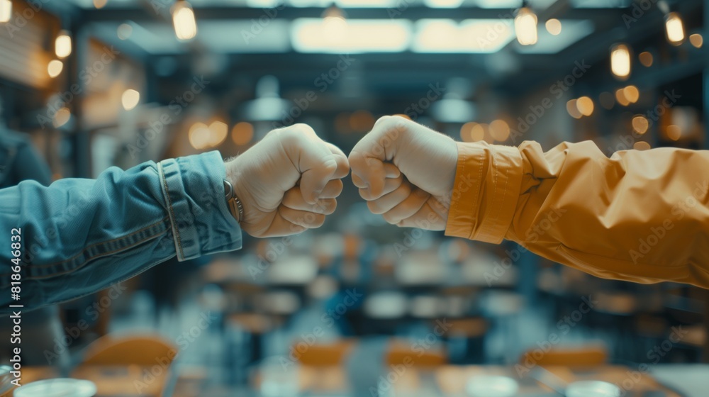 Two colleagues sharing a fist bump in acknowledgment of a job well done ...