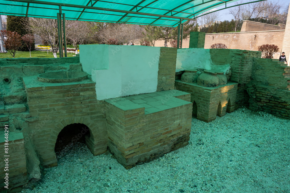 Ruins of ancient hammam in Samarkand, Uzbekistan and ancient city on ...