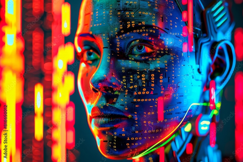 ภาพประกอบสต็อก android pop art binary code portrait robot technology ...