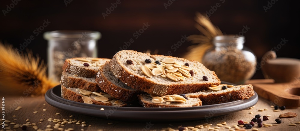 A plate displays multigrain bread slices embodying freshness and a ...