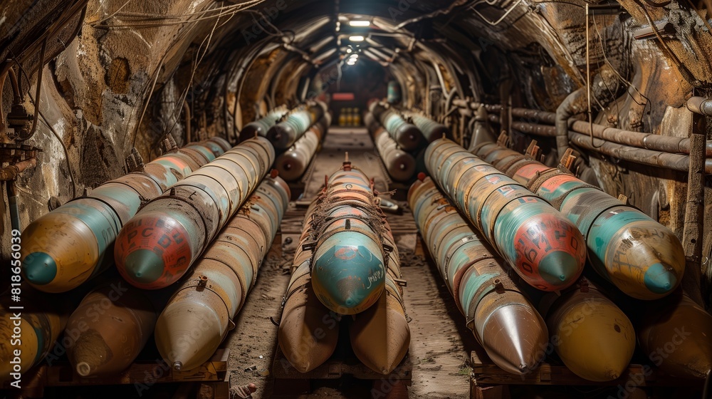 Underground facility with rows of old warheads in a dimly lit tunnel ...