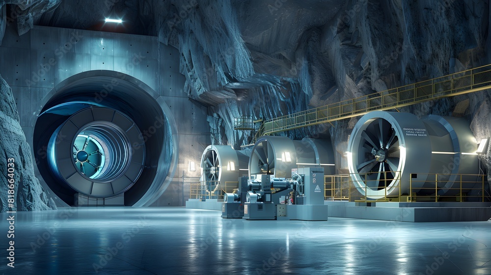 An underground cavern facility storing compressed air, with turbines ...